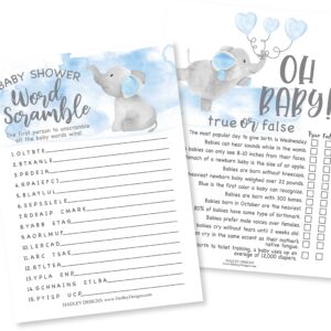 hadley designs blue elephant baby shower games for boys - 2 games double sided, 25 word scramble for baby shower ideas, 25 true or false baby shower game, fun baby shower games, party supplies