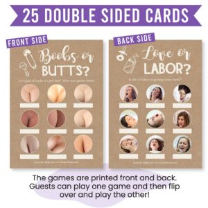 Hadley Designs Rustic Baby Shower Games Gender Neutral - 2 Games Double Sided, 25 Love Or Labor Baby Shower Game, 25 Boobs Or Baby Butts Game, Gender Reveal Games for Guests, Baby Shower Games Funny