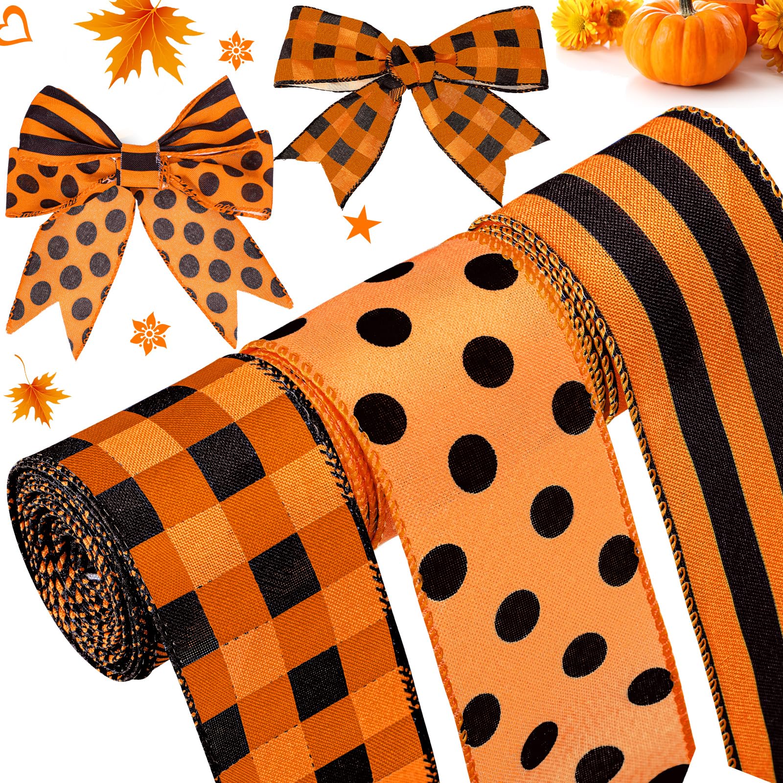 Wiaxin 3 Rolls Orange and Black Wired Ribbon Thanksgiving Buffalo Plaid Ribbon Fall Gingham Ribbon Dot Pattern Striped Ribbons for Halloween Christmas DIY Crafts Party Decor, 2.5 Inch x 15 Yards