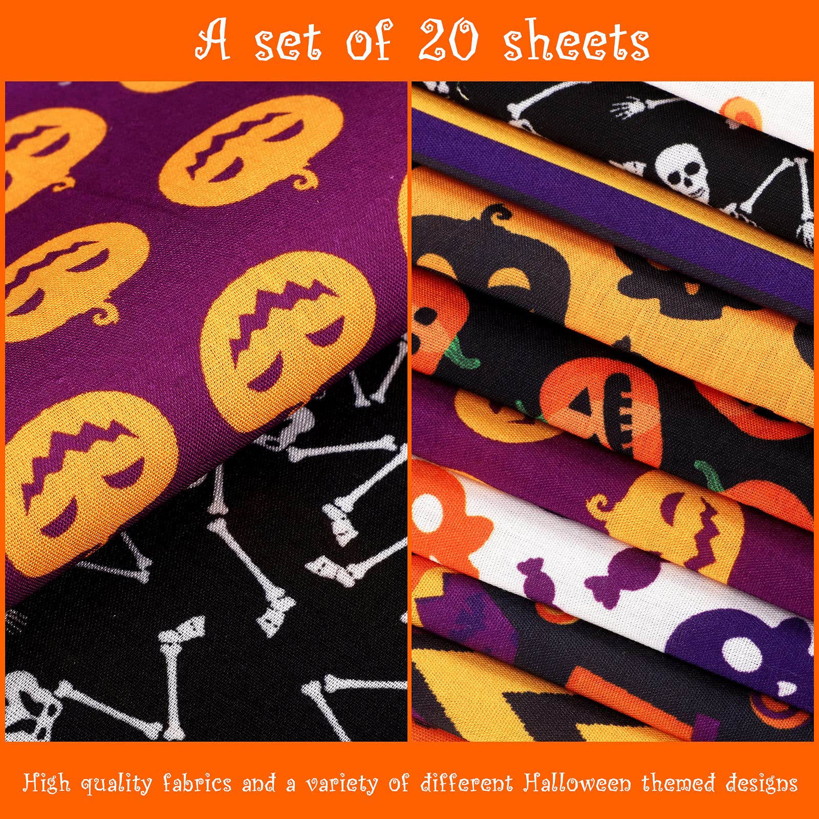 20 Pieces 10 x 10 Inch Halloween Fabric Quilting Bat Pumpkin Skull Print Patchwork Squares Craft Bundle Mixed Pattern Fabric Halloween Theme Decorative Fabric for DIY Halloween Decor (Stylish Style)