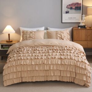 sleepymoon khaki light brown duvet cover set twin size waterfall ruffle 2-piece soft brushed microfiber all season with zipper closure, 1 flounced duvet cover 68x90 inch and 1 pillow sham