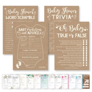 hadley designs rustic baby shower games gender neutral - 50 cards, two 25-game sets, 4 games double sided, baby prediction and advice cards, baby trivia, true or false baby game, gender reveal games