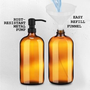 kitchentoolz Large Pump Bottle - 32 Ounce Glass Shampoo and Soap Dispenser - Amber