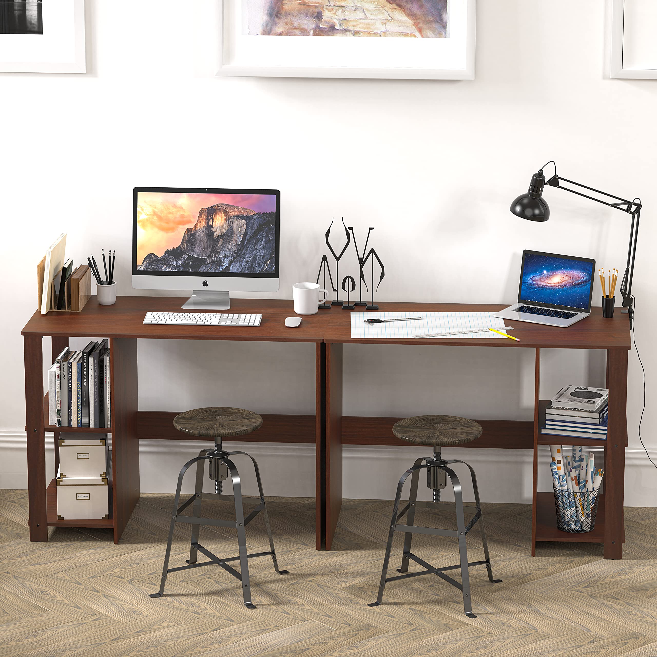 SHW Home Office Computer Desk with Shelves, Cherry