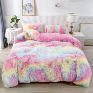 rynghipy 3pcs rainbow girls bedding sets twin size ultra soft long hair plush shaggy duvet cover with pillowcases colorful tie dye bedding set with hidden zipper closure (colorful pink,twin)