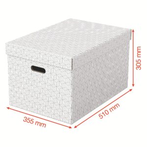 Esselte Large Storage Box With Lid, Pack Of 3, Home/Office Storage & Organisation, 100% Recycled Cardboard, 100% Recyclable, Geometric Design, White, 628286