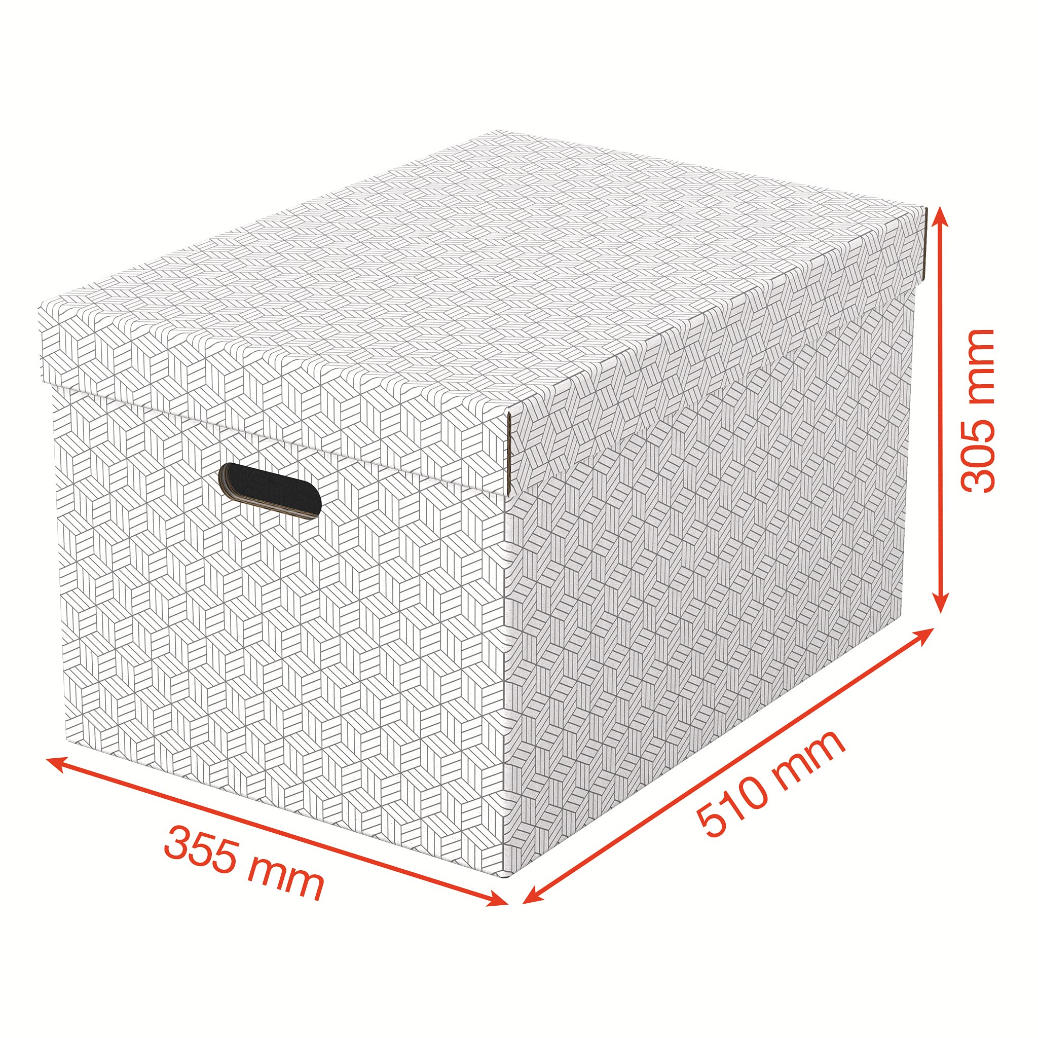 Esselte Large Storage Box With Lid, Pack Of 3, Home/Office Storage & Organisation, 100% Recycled Cardboard, 100% Recyclable, Geometric Design, White, 628286