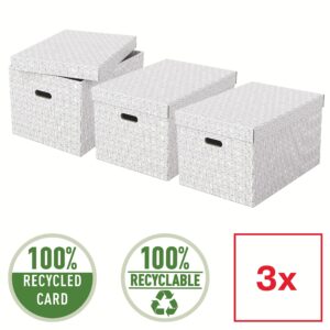 Esselte Large Storage Box With Lid, Pack Of 3, Home/Office Storage & Organisation, 100% Recycled Cardboard, 100% Recyclable, Geometric Design, White, 628286