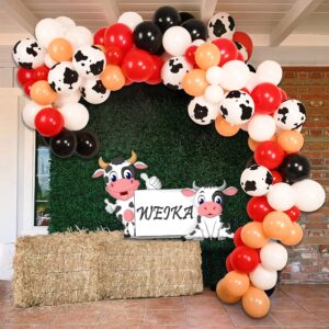 weika cow party decorations garland arch kit, 104 pcs red white cow print balloon for farm birthday party cow birthday decorations graduation bridal baby shower girl boy party supplies