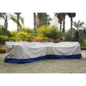 DUSTYPROTE Curved Sofa Cover,Outdoor Couch Cover 600D，Outdoor Sectional Covers Waterproof 120" L(Back)/82" L(Front) x 36" D x 38" H, Khaki with Dark Blue, Cover Only