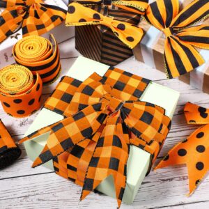 Wiaxin 3 Rolls Orange and Black Wired Ribbon Thanksgiving Buffalo Plaid Ribbon Fall Gingham Ribbon Dot Pattern Striped Ribbons for Halloween Christmas DIY Crafts Party Decor, 2.5 Inch x 15 Yards