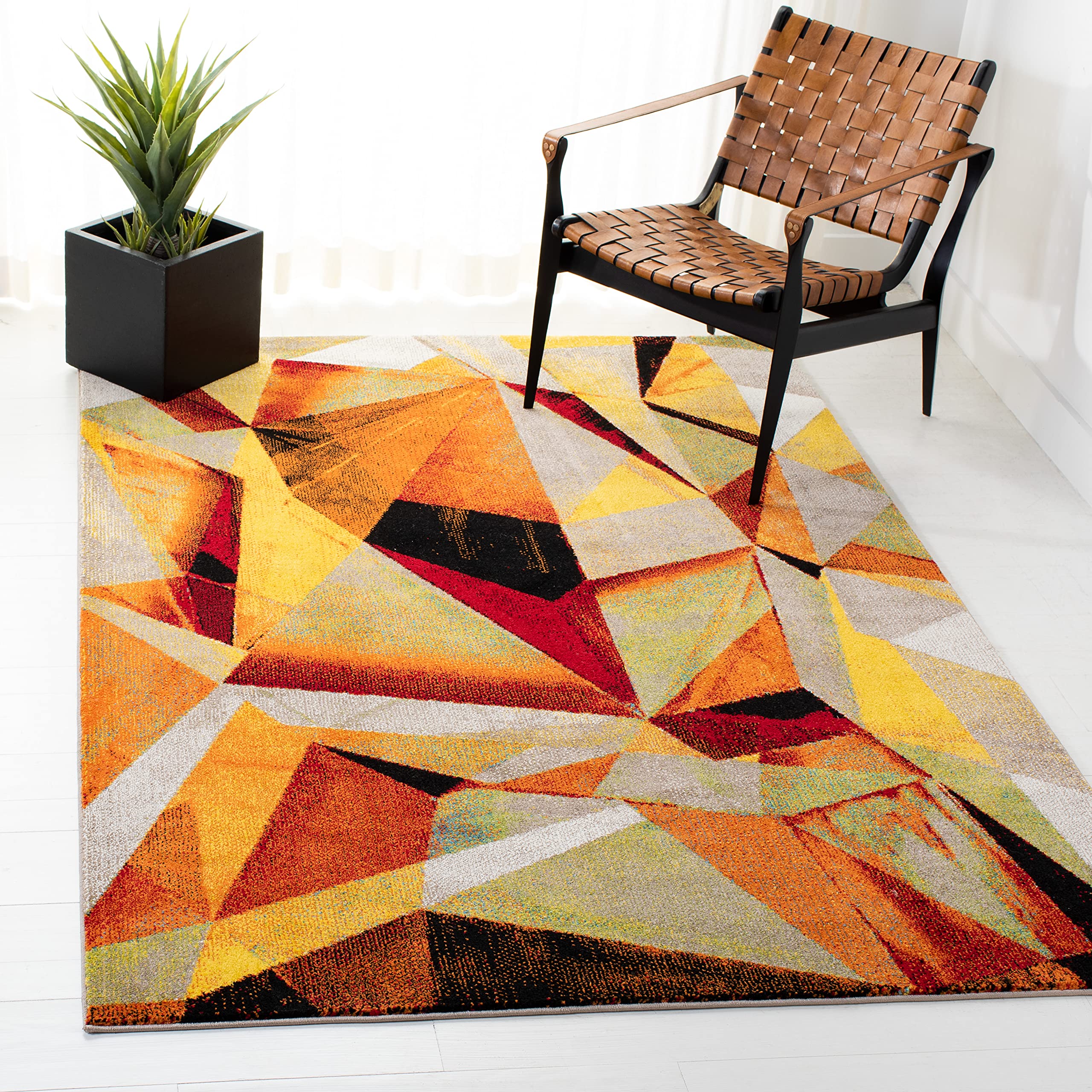 SAFAVIEH Porcello Collection 6'7" Square Orange/Red PRL6940P Modern Abstract Non-Shedding Living Room Dining Bedroom Area Rug