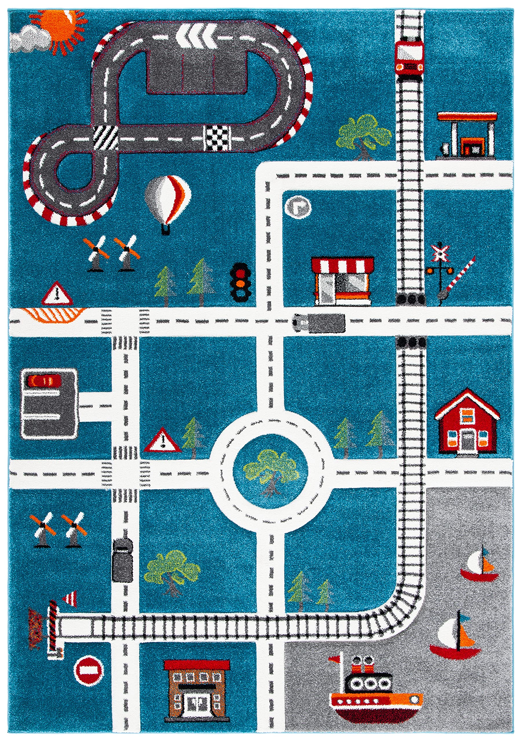 SAFAVIEH Carousel Kids Collection Area Rug - 6'7" x 9', Turquoise & Ivory, Non-Shedding & Easy Care, Ideal for High Traffic Areas for Boys & Girls in Playroom, Nursery, Bedroom (CRK192K)