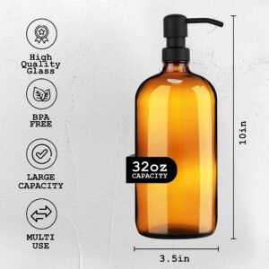 kitchentoolz Large Pump Bottle - 32 Ounce Glass Shampoo and Soap Dispenser - Amber