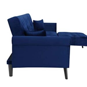 Convertible Sectional Sofa Bed, L-Shaped Reversible Reclining Velvet Sofa with 3 Seats and Pillows for Living Room Small Apartment Spaces Furniture Set (Blue)