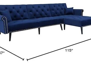 Convertible Sectional Sofa Bed, L-Shaped Reversible Reclining Velvet Sofa with 3 Seats and Pillows for Living Room Small Apartment Spaces Furniture Set (Blue)