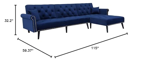 Convertible Sectional Sofa Bed, L-Shaped Reversible Reclining Velvet Sofa with 3 Seats and Pillows for Living Room Small Apartment Spaces Furniture Set (Blue)