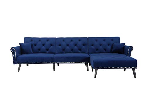 Convertible Sectional Sofa Bed, L-Shaped Reversible Reclining Velvet Sofa with 3 Seats and Pillows for Living Room Small Apartment Spaces Furniture Set (Blue)