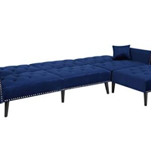 Convertible Sectional Sofa Bed, L-Shaped Reversible Reclining Velvet Sofa with 3 Seats and Pillows for Living Room Small Apartment Spaces Furniture Set (Blue)