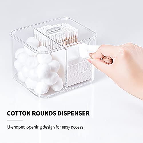 YOHOM Clear cotton ball and swab holder organizer with lid Bathroom Qtips Storage Container Box Plastic Cotton Round Pads Dispenser