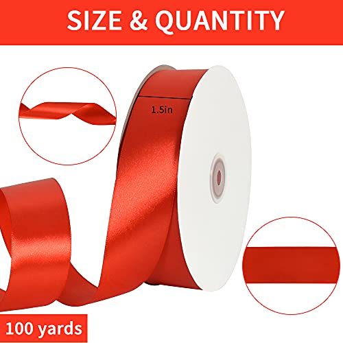 TONIFUL 1-1/2 Inch (40mm) x 100 Yards Red Wide Satin Ribbon Solid Fabric Ribbon for Gift Wrapping Chair Sash Valentine's Day Wedding Birthday Party Decoration Hair Floral Craft Sewing