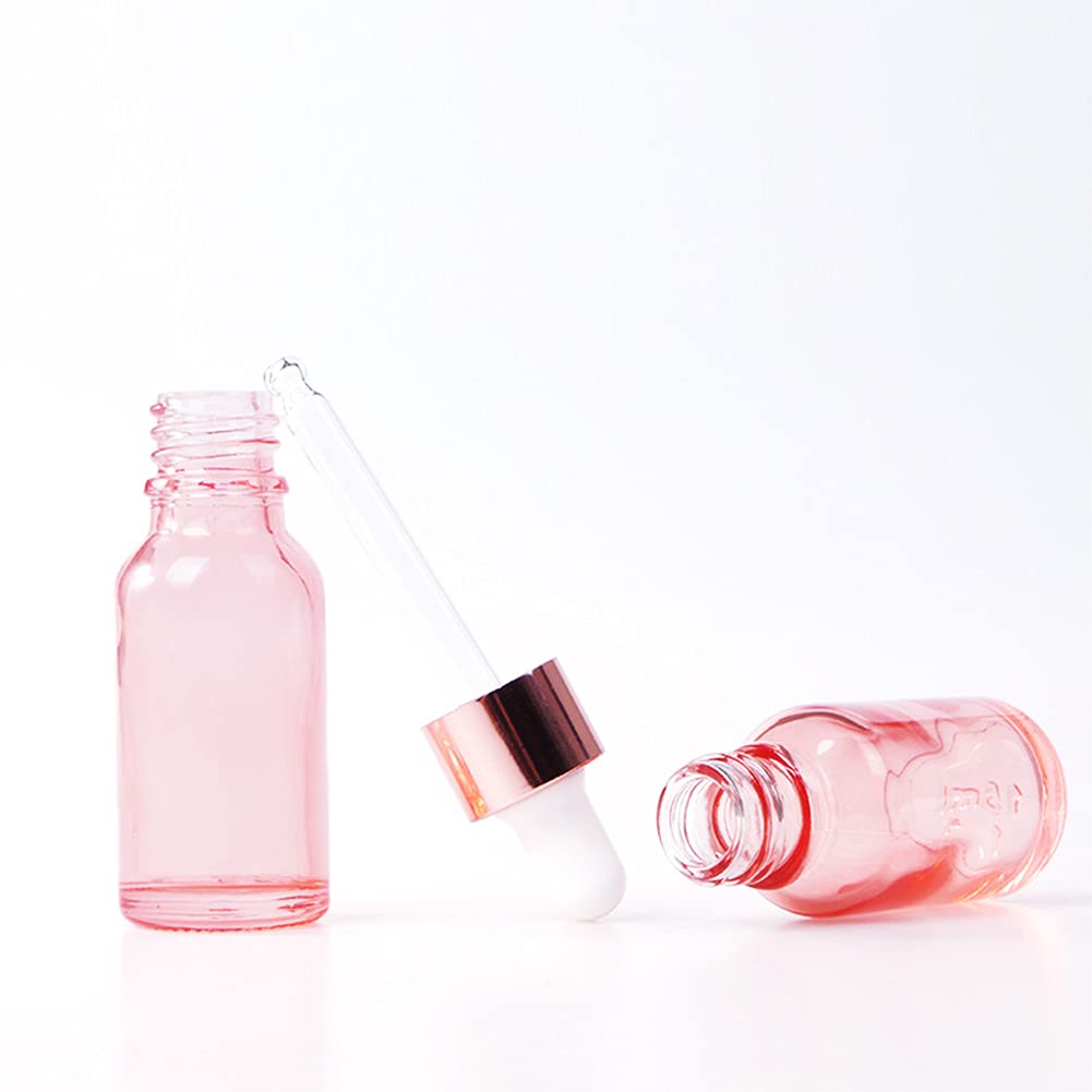 18 Pack,10ml Pink Glass Dropper Bottle for Essential Oils,Empty Glass Eye Dropper Bottle Holder With Glass Reagent Pipette,Rose-Golden Caps Cosmetic Perfume Travel Vial