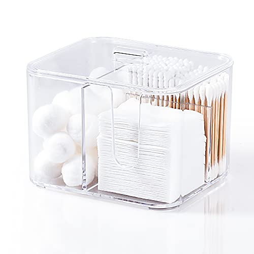 YOHOM Clear cotton ball and swab holder organizer with lid Bathroom Qtips Storage Container Box Plastic Cotton Round Pads Dispenser