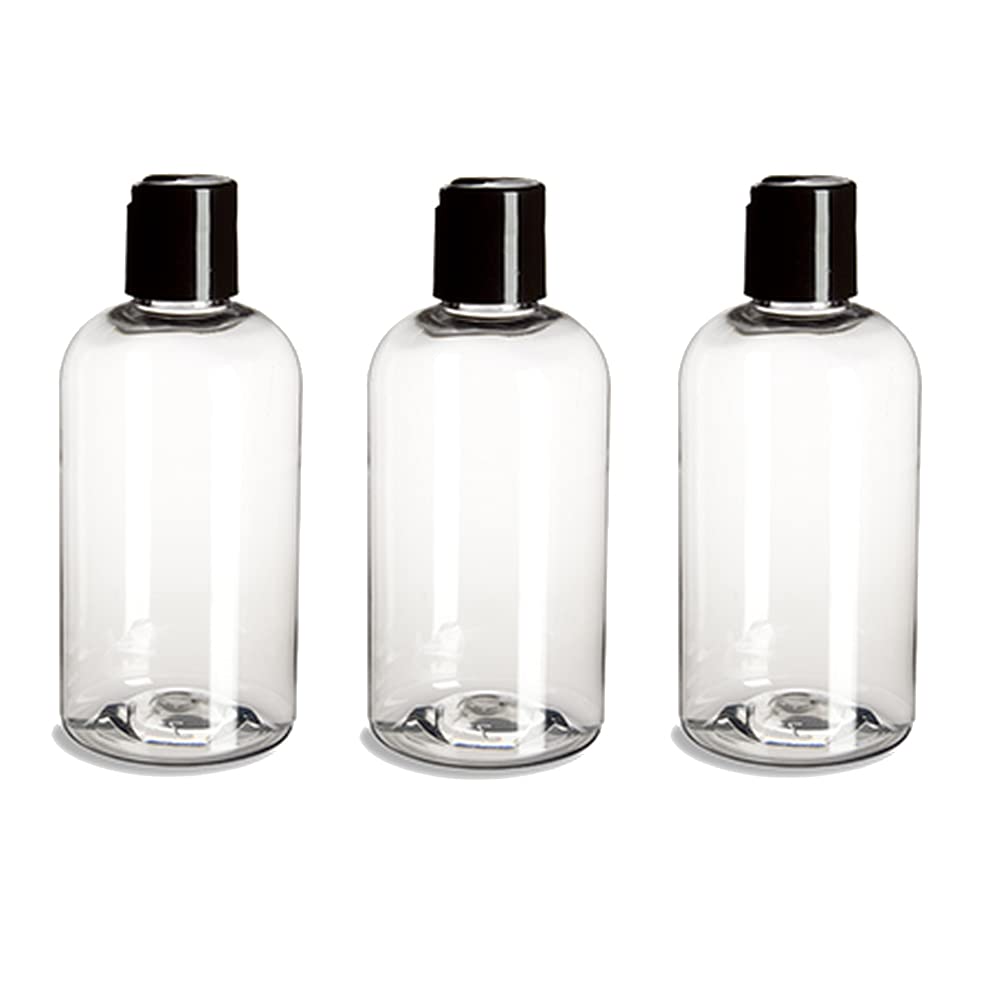 Natural Farms 3 Pack – 8 oz - Clear Boston Plastic Bottles – Black Flip Top - for Essential Oils, Perfumes, Cleaning Products