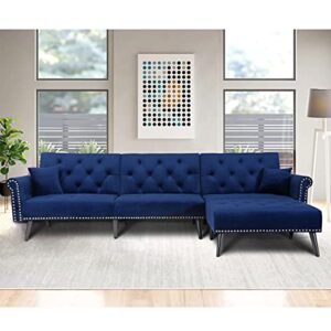 convertible sectional sofa bed, l-shaped reversible reclining velvet sofa with 3 seats and pillows for living room small apartment spaces furniture set (blue)