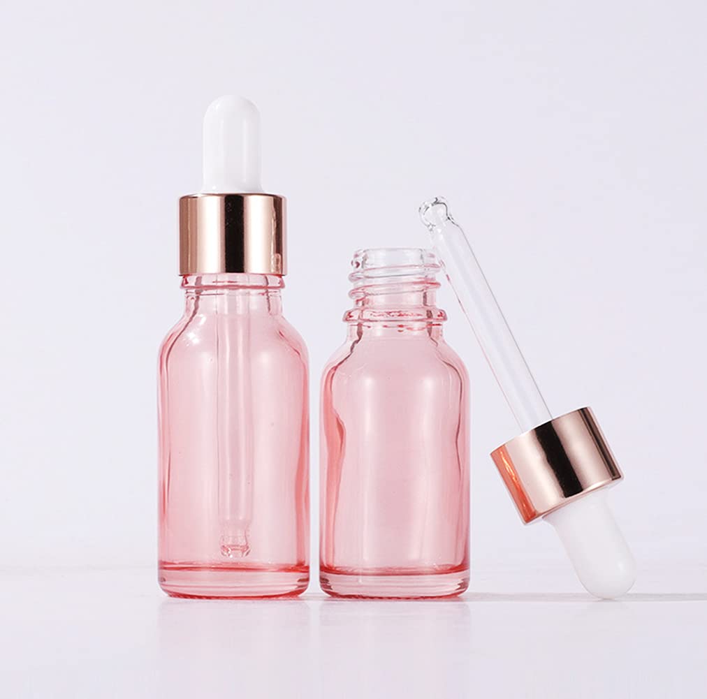 18 Pack,10ml Pink Glass Dropper Bottle for Essential Oils,Empty Glass Eye Dropper Bottle Holder With Glass Reagent Pipette,Rose-Golden Caps Cosmetic Perfume Travel Vial