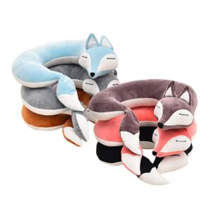 ausuky Cute Cartoon U Shape Neck Pillow Anime Plush Doll Fox Animal Travel Car Pillow (Black)