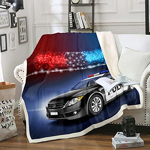 Erosebridal Police Car Throw Blanket Twin 60"X80",Policeman Vehicle Plush Bed Blanket for Kids Boys Children,Red Blue Cop Lights Fleece Flanket Geometric Graphics Sherpa Blanket