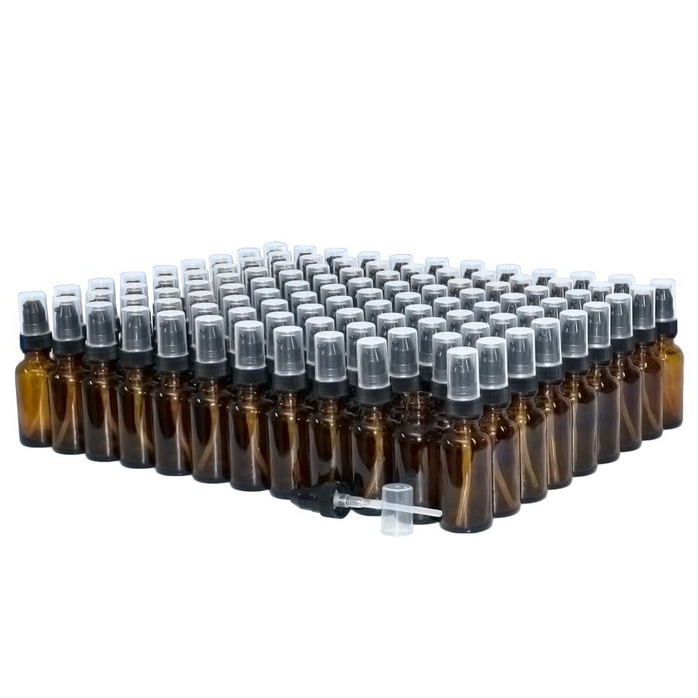 GlassBottleOutlet (Pack of 108) 1 oz. Amber Boston Round with Black Treatment Pump