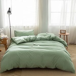 face two face bedding duvet cover set 3 pieces 100% washed cotton duvet cover linen like textured breathable durable soft comfy (full, green)