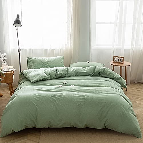 FACE TWO FACE Bedding Duvet Cover Set 3 Pieces 100% Washed Cotton Duvet Cover Linen Like Textured Breathable Durable Soft Comfy (Full, Green)