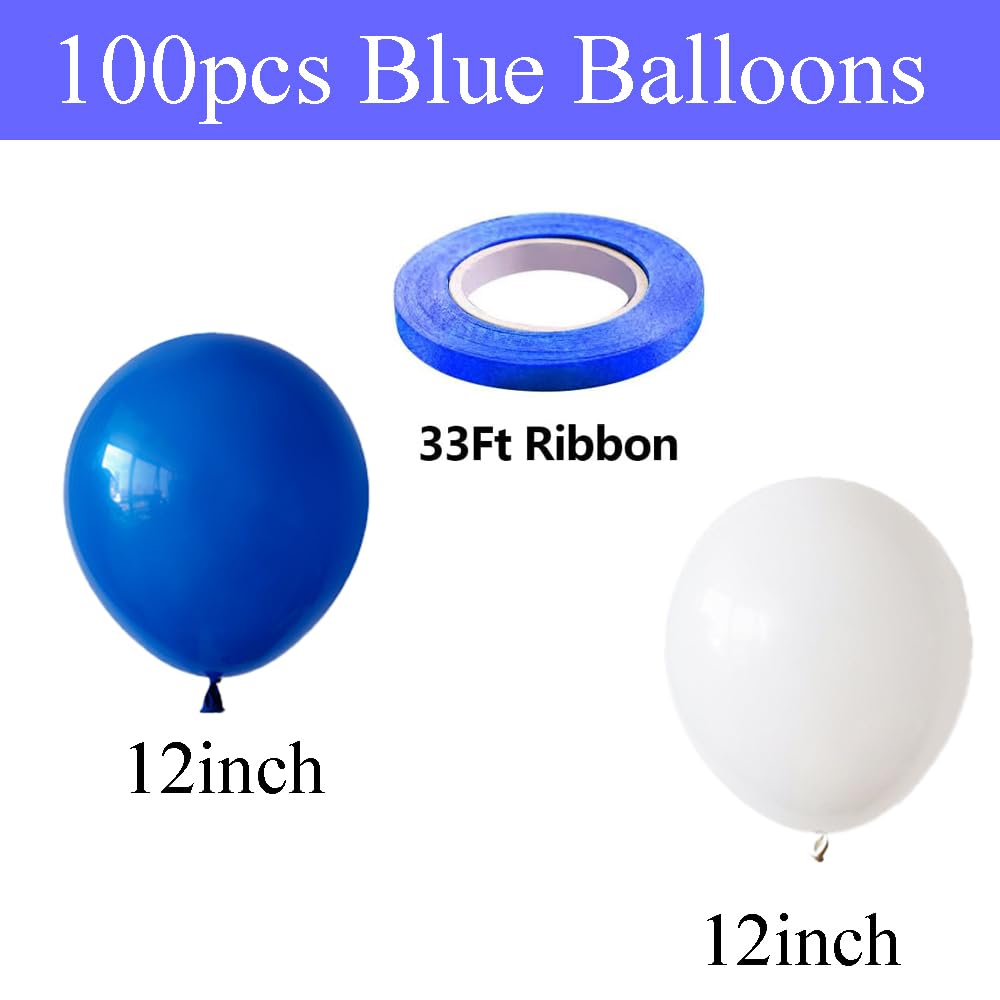 100pcs Royal Blue and White Latex Balloons 12 Inch w/Ribbon for Birthday Graduation Wedding Bridal Baby Shower Celebration Party Decorations Supplies