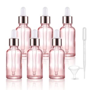 6 pack,1oz pink glass dropper bottle for essential oils,empty glass eye dropper bottle holder with glass reagent pipette,rose-golden caps perfume travel vial container-free pipette,funnel