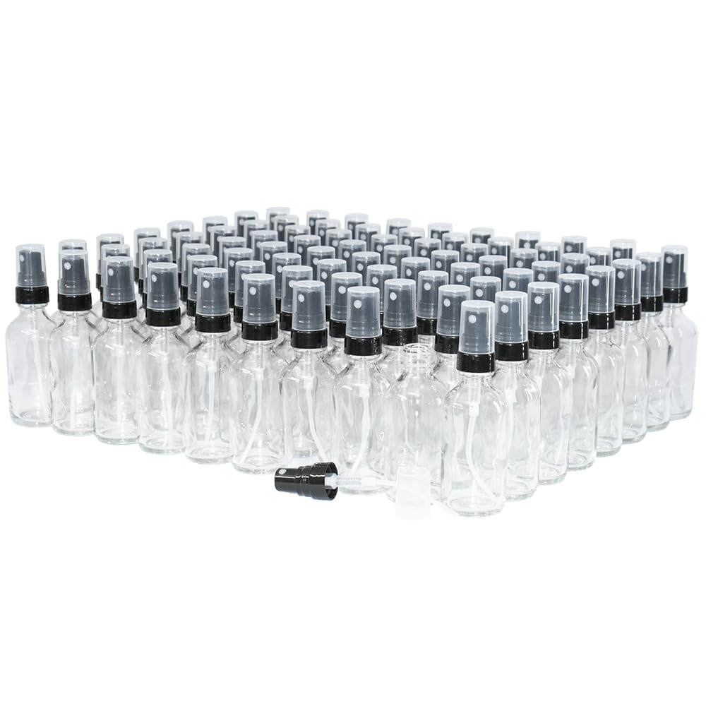 GlassBottleOutlet (Pack of 80) 2 oz. Clear Boston Round with Black Fine-Mist Sprayer