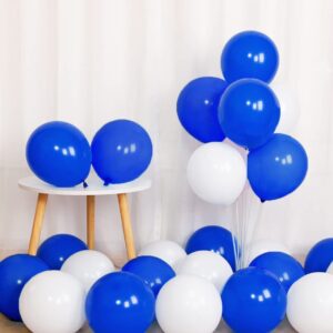 100pcs royal blue and white latex balloons 12 inch w/ribbon for birthday graduation wedding bridal baby shower celebration party decorations supplies