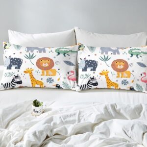 Kids Zoo Animal Fitted Sheet & Pillow Sham Set Cute Wild Animals Fitted Sheet Cartoon Safari Wild Print Bedding Set for Boys Girls Child Teens Bedroom Decor Exotic Natural Theme Bed Cover Twin Size…