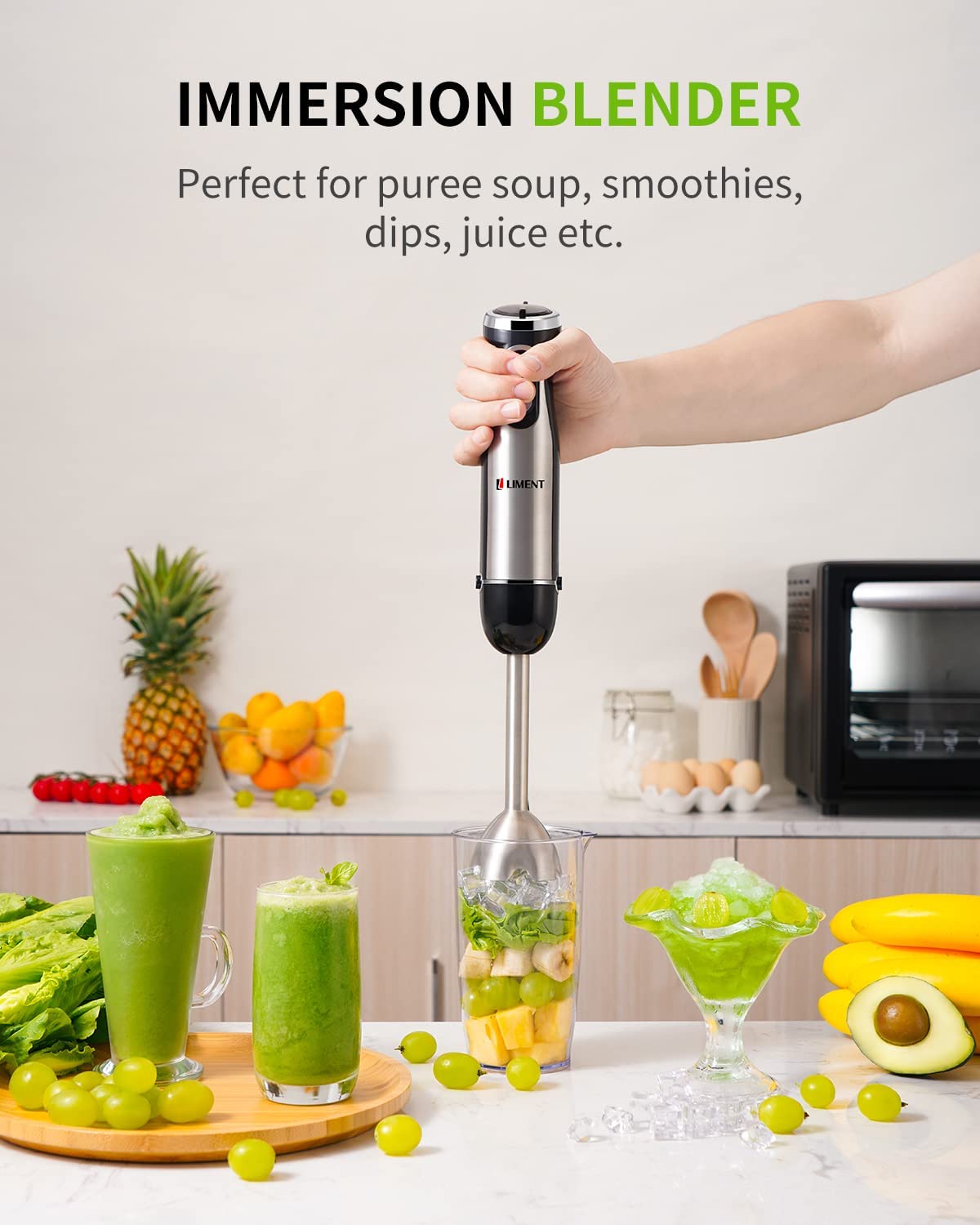 LIMENT 5-in-1 Multi-Purpose Hand Blender, 20-Speed Immersion Blender, Heavy Duty & Low-Noise DC Motor, With Food Chopper, Whisk, Milk Frother, Mixing Beaker, BPA-Free