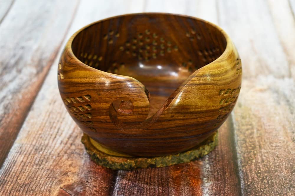 Ajuny Wooden Crafted large Yarn Ball Storage Bowl with Elegant Design Spiral Yarn Dispenser | Carved Holes | Knitting Crochet Accessories - Gift for ladies