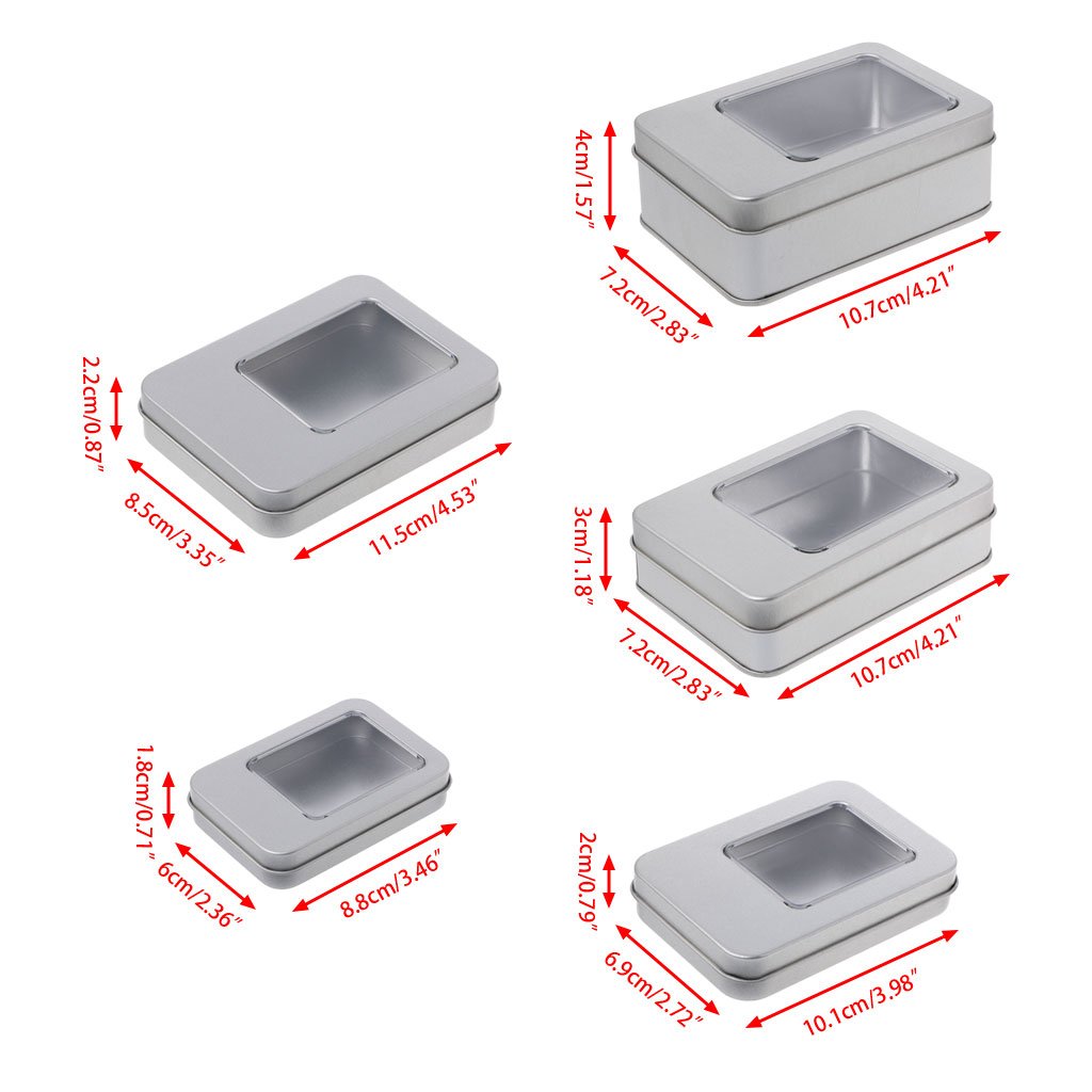 HELYZQ Rectangular Tin Silver Storage Box Case Organizer with Half Clear Window Lid