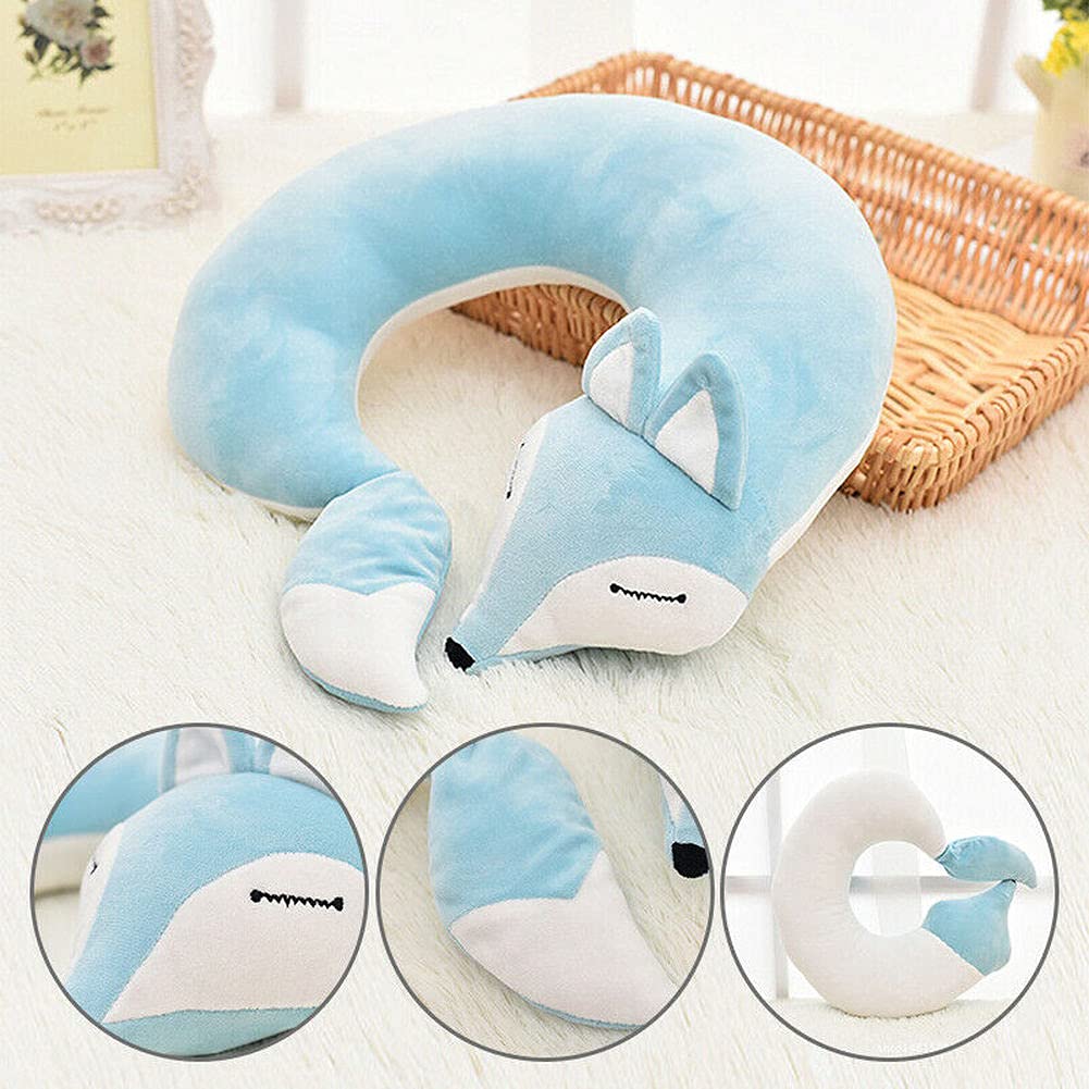 ausuky Cute Cartoon U Shape Neck Pillow Anime Plush Doll Fox Animal Travel Car Pillow (Black)