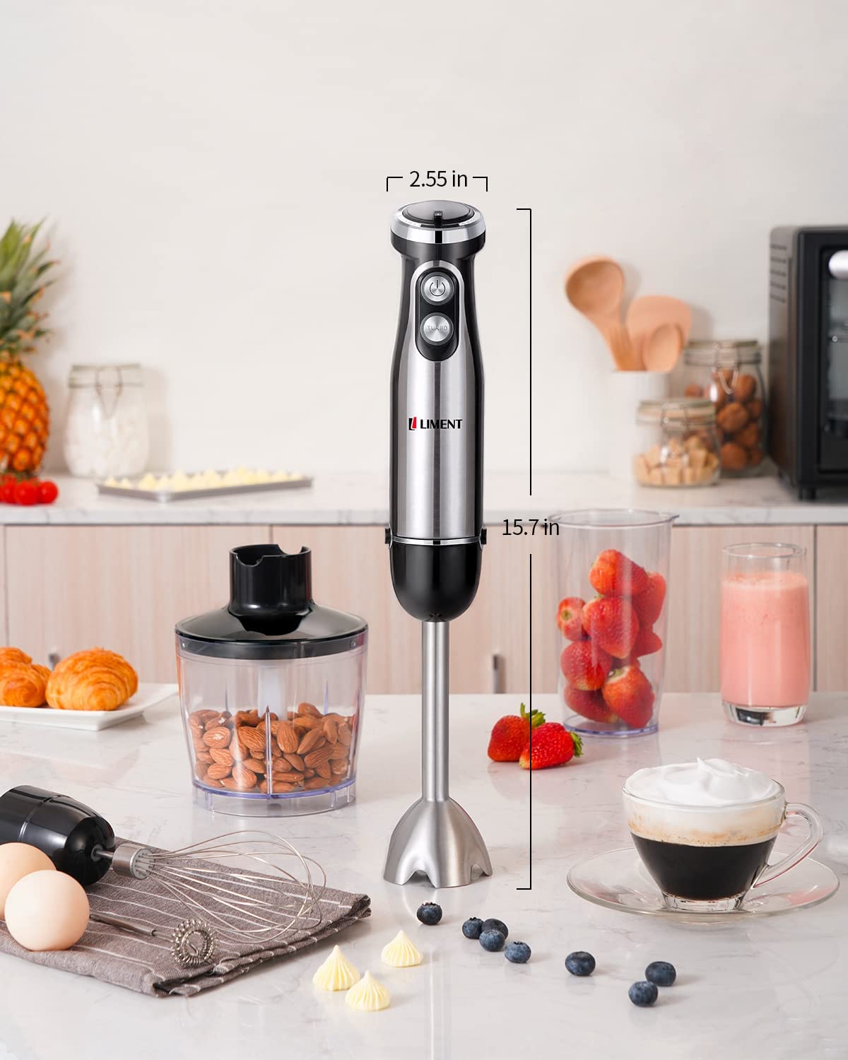 LIMENT 5-in-1 Multi-Purpose Hand Blender, 20-Speed Immersion Blender, Heavy Duty & Low-Noise DC Motor, With Food Chopper, Whisk, Milk Frother, Mixing Beaker, BPA-Free