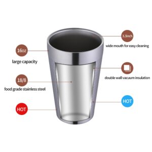 BEFOY Stainless Steel Cup - 16oz Pint Cups Drinking Glasses Water Beer Cup Unbreakable Hot & Cold Drinking Cups for Home Office Party & Outdoor Camping(Silver)