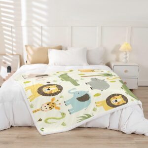 Nursery Cute Wild Animals Fleece Throw Blanket for Girls Boys Kids Cartoon Lion Giraffe Crocodile Plush Blanket Decor Nature Wildlife Sherpa Blanket Zoo Animal Theme Fuzzy Blanket Twin 60x80 Inch