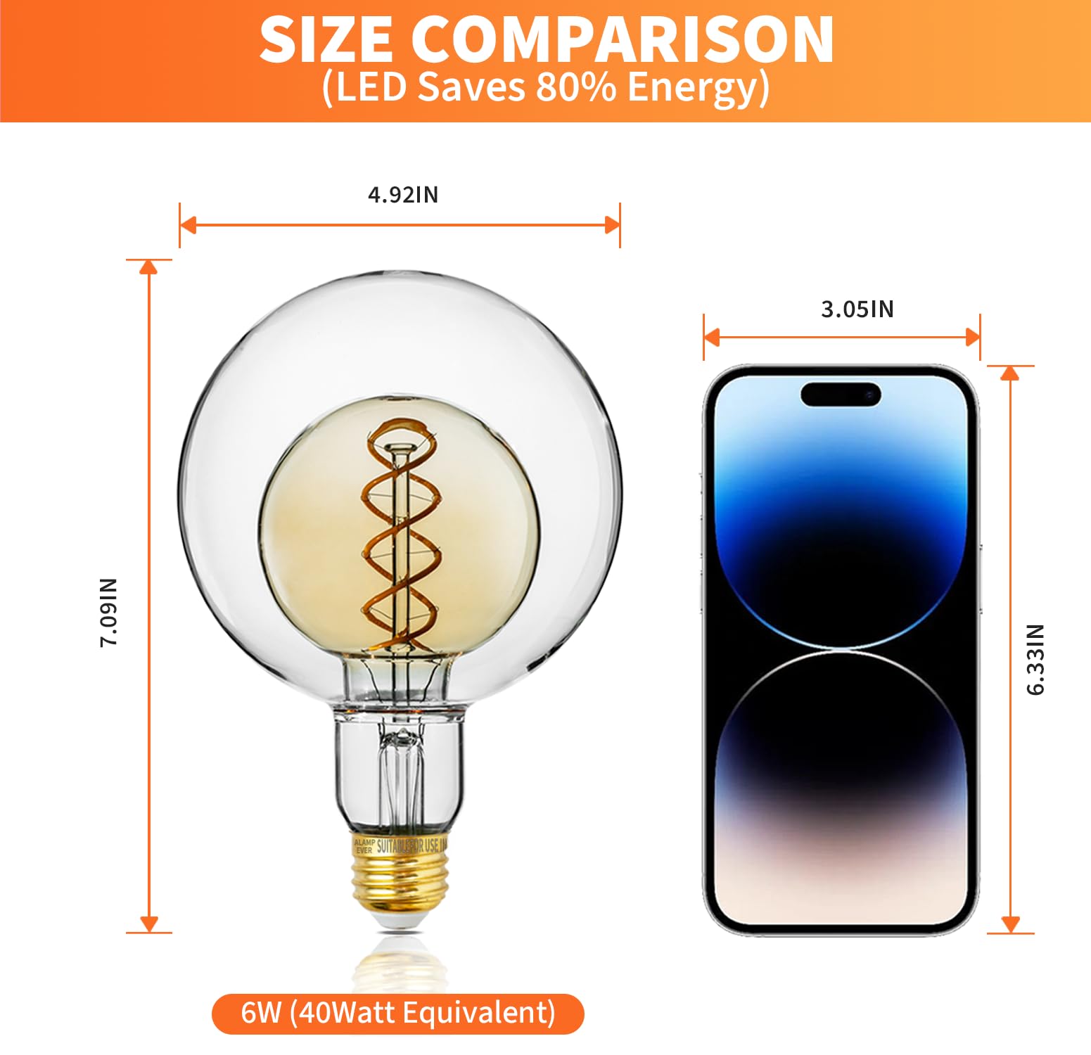 ALAMPEVER Large Globe LED Light Bulbs, Decorative Dimmable LED with 6W Equivalent to 40W Light Bulbs, 2700K Soft White, E26 Base, 300LM, CRI90, G125, Amber