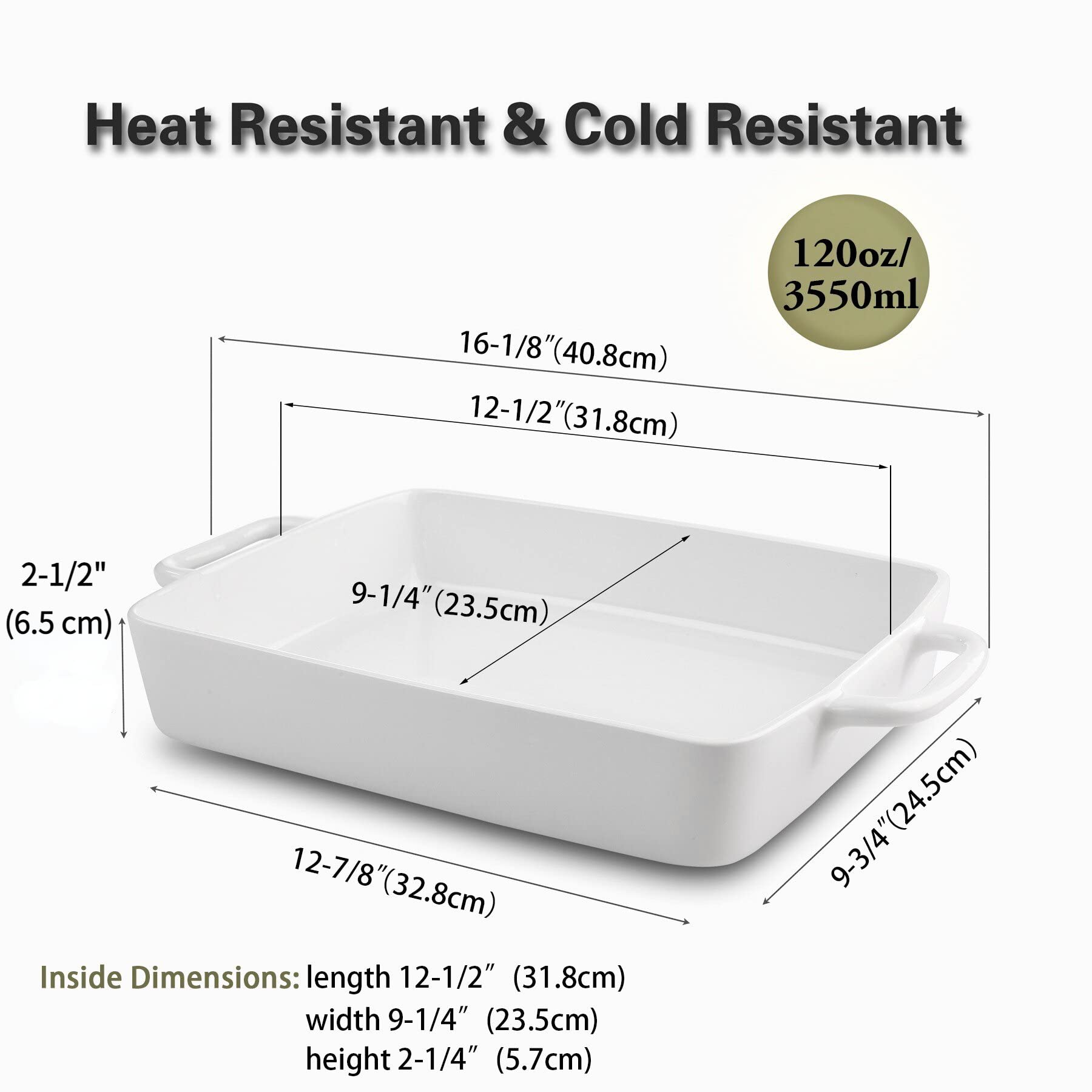 Livfodrm 9 x13 Baking Dish Ceramic Lasagna Pan for Oven, Large Bakeware Tray Rectangular Casserole Dishes with Double Handle for Cooking and Daily Use -White