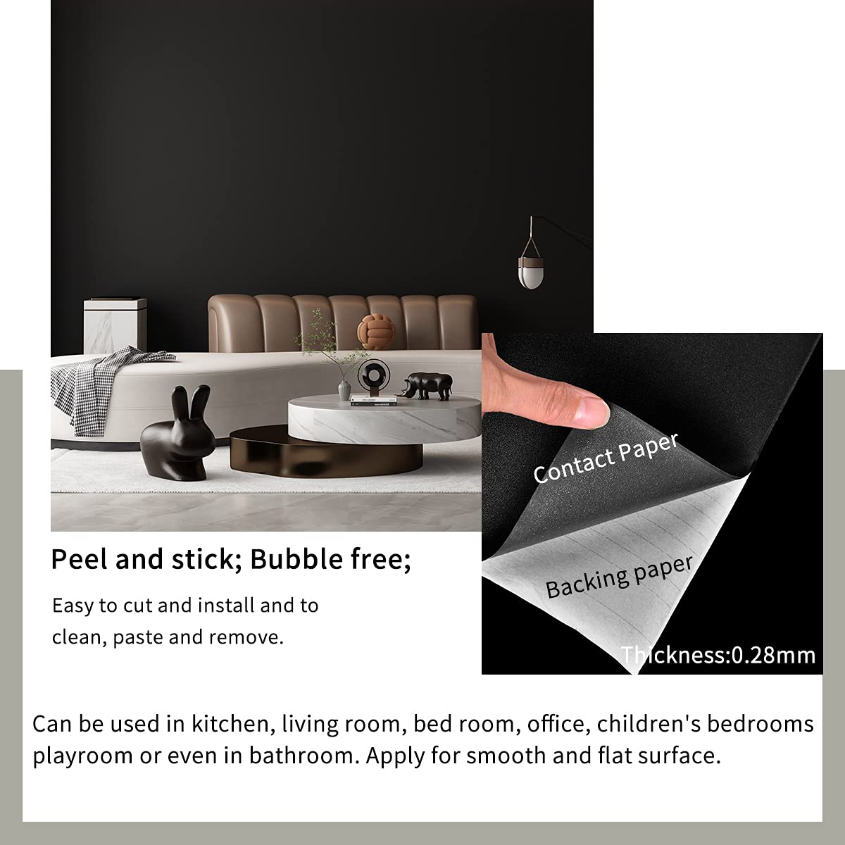 FUKU MON 24"x394" Black Wallpaper Peel and Stick Black Contact Paper Matte Solid Black Textured Self Adhesive Removable Thick Vinyl Film Roll for Cabinets Bedroom Wall Decoration